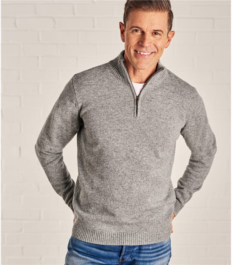 Grey Marl | Mens Lambswool Zip Neck Jumper | WoolOvers AU